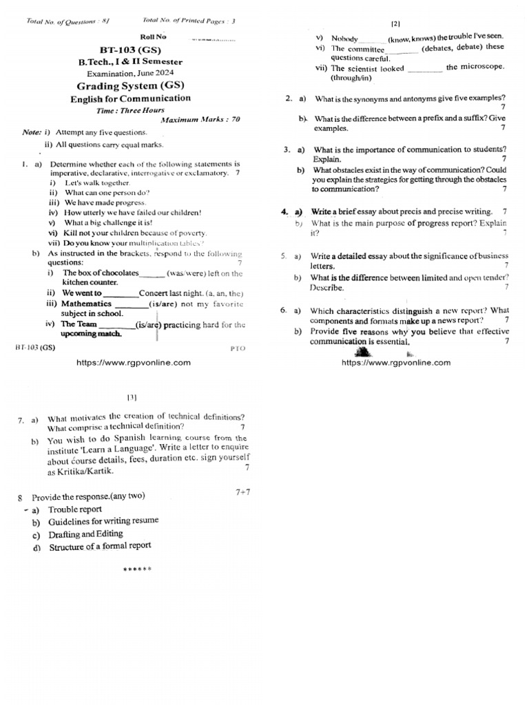 BT 103 English For Communication Jun 2024 | PDF