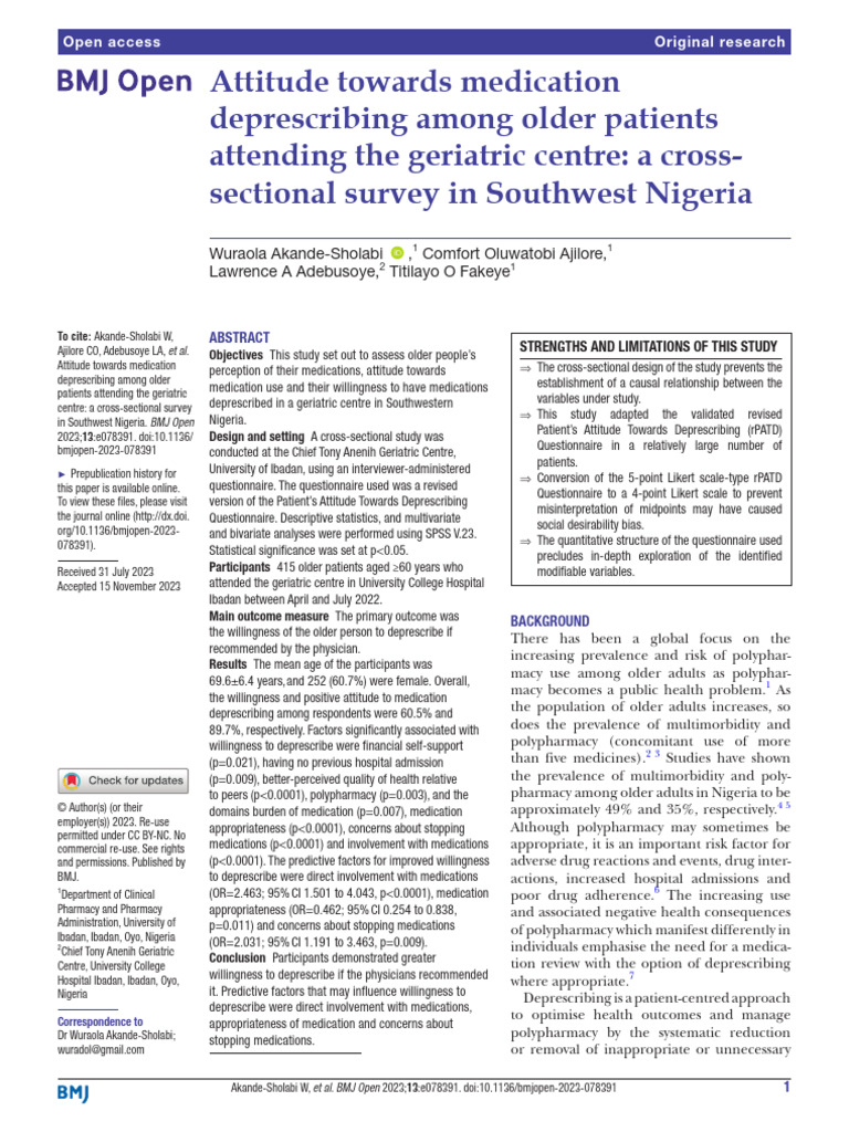 Attitude Towards Medication Deprescribing Among Older Patients Attending The Geriatric Centre ...