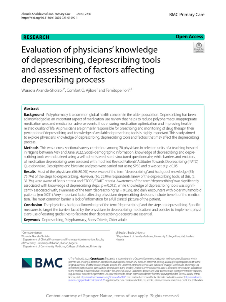 Evaluation of Physicians' Knowledge of Deprescribing, Deprescribing Tools and Assessment of ...