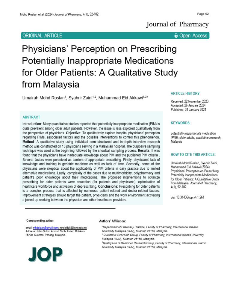 Physicians' Perception On Prescribing Potentially Inappropriate Medications For Older Patients ...