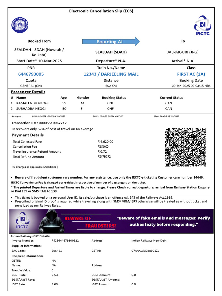 Sdah To JPG Cancelled Ticket 10th March, 2025 | PDF | Payments