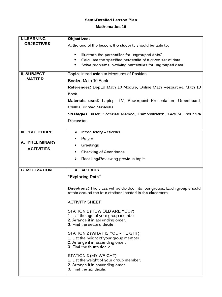 GR 10 Lesson Plan Quarter 4 3 | PDF | Mathematics | Percentile