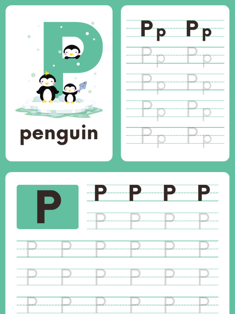 Turquoise White Tracing Letter P for Penguin Practice Worksheet | PDF