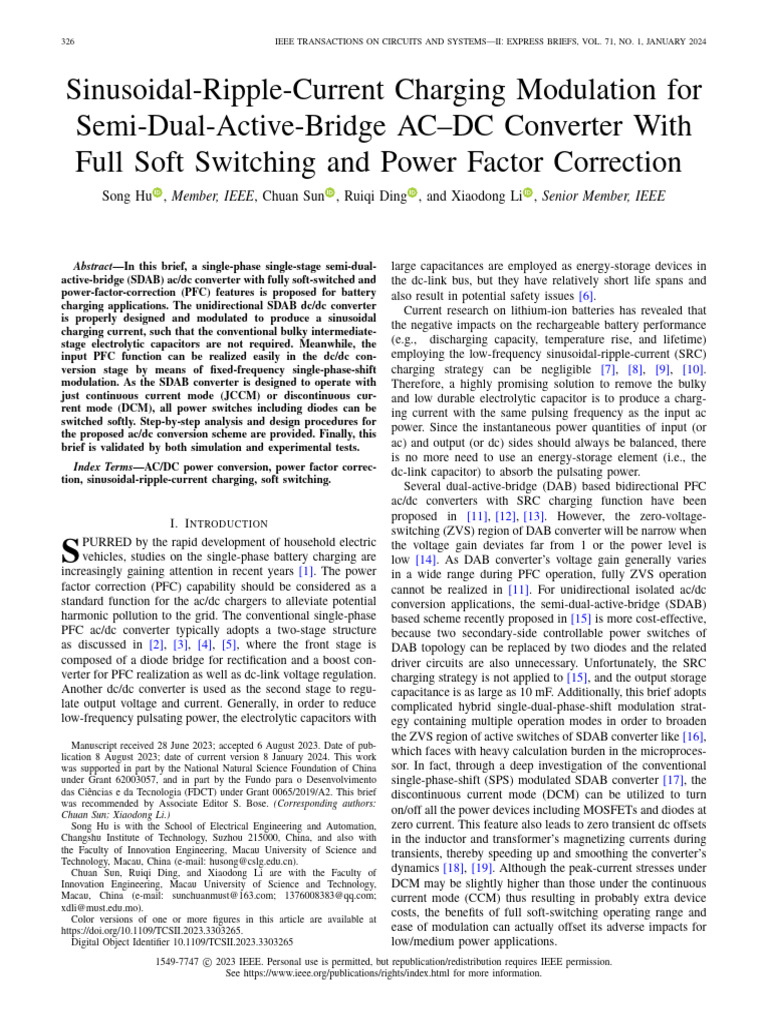 Sinusoidal Ripple Current Charging Modulation For Semi Dual Active Bridge Acdc Converter With