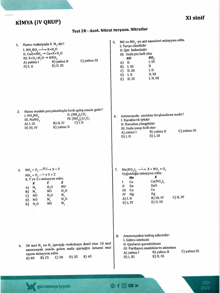 4-Cü Qrup. Quiz 28. Azot. Nitrat Turşusu. Nitratlar. | PDF