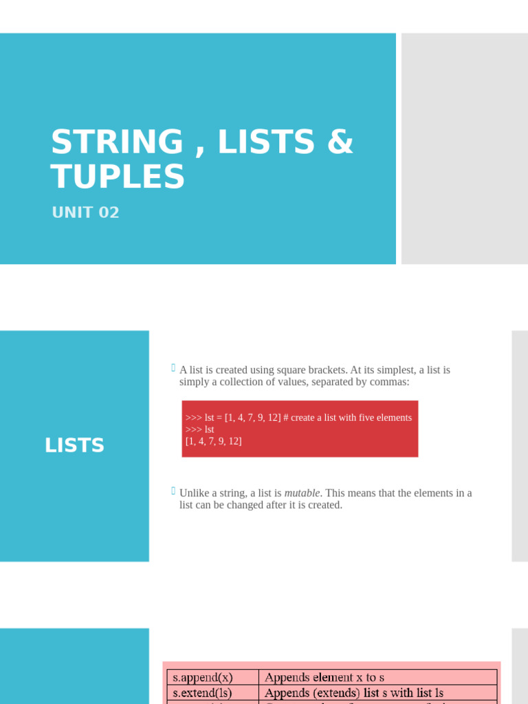 UNIT-02 STRING , LIST & TUPLES | PDF | Computer Programming | Software ... UNIT-02 STRING , LIST & TUPLES | PDF | Computer Programming | Software ...