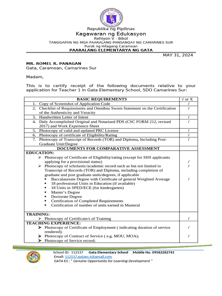 Teacher 1 Application Requirements Guide | PDF | Diploma | Teachers