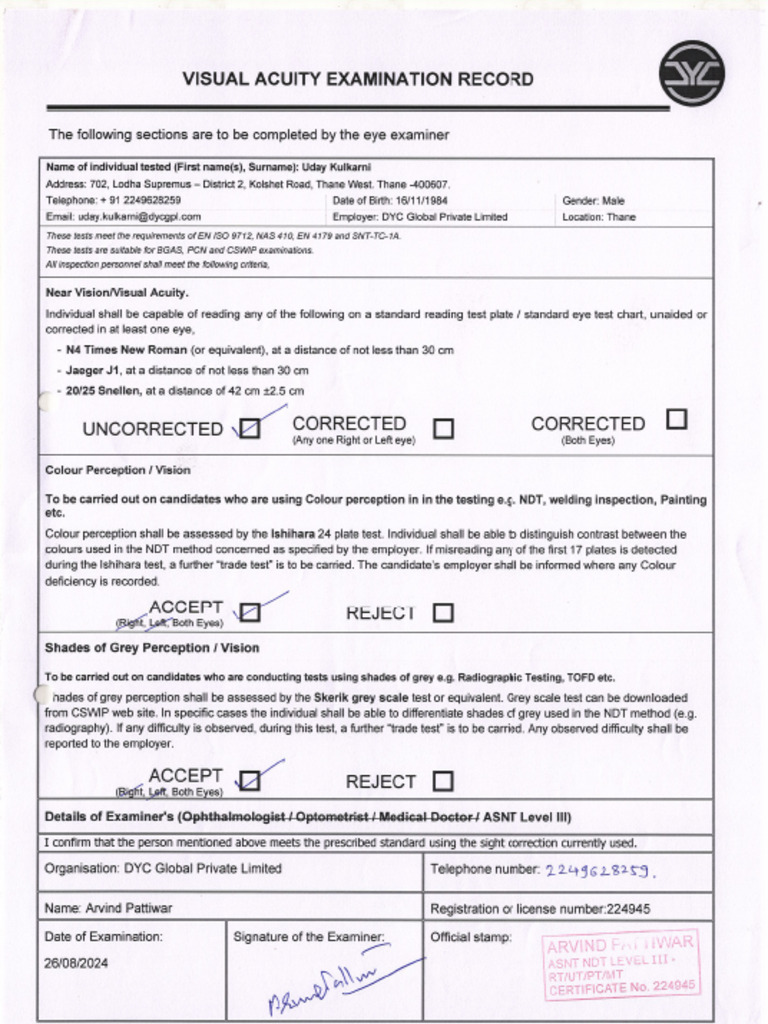 VISUAL ACUITY CERTIFICATES UDAY KULKARNI 26.08.2024 | PDF