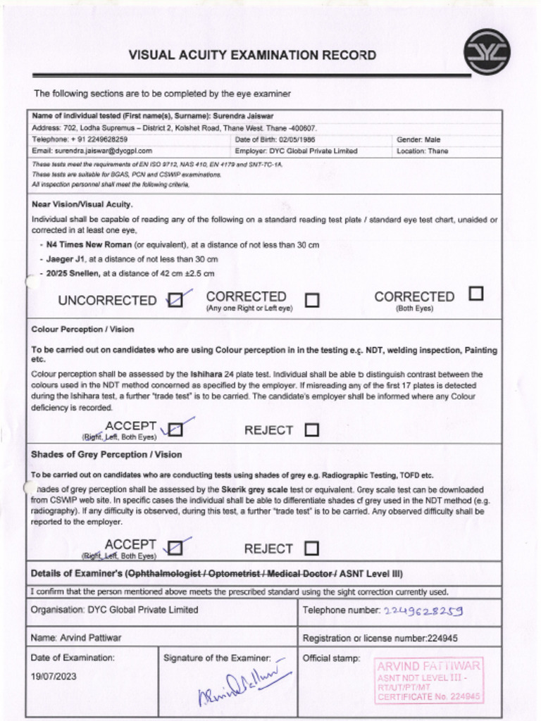 Visual Acuity Certificates Surendra Jaiswar 19.07.2023 | PDF