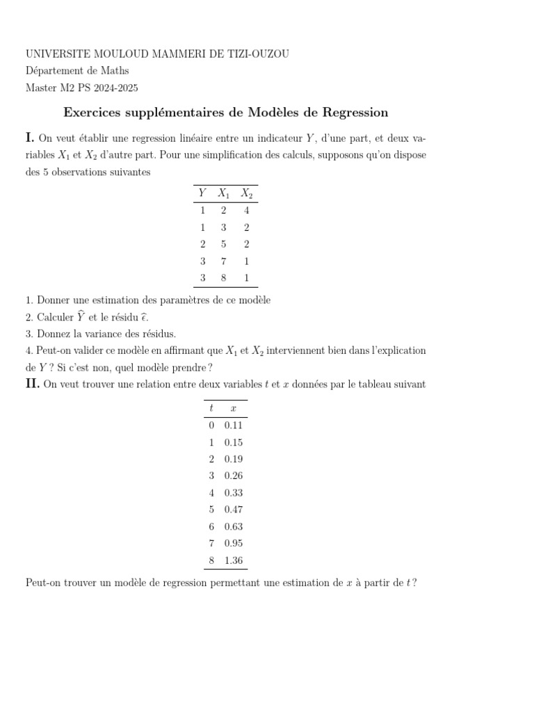 Exercices de Modèles de Régression 2024 | PDF | Analyse de régression ...