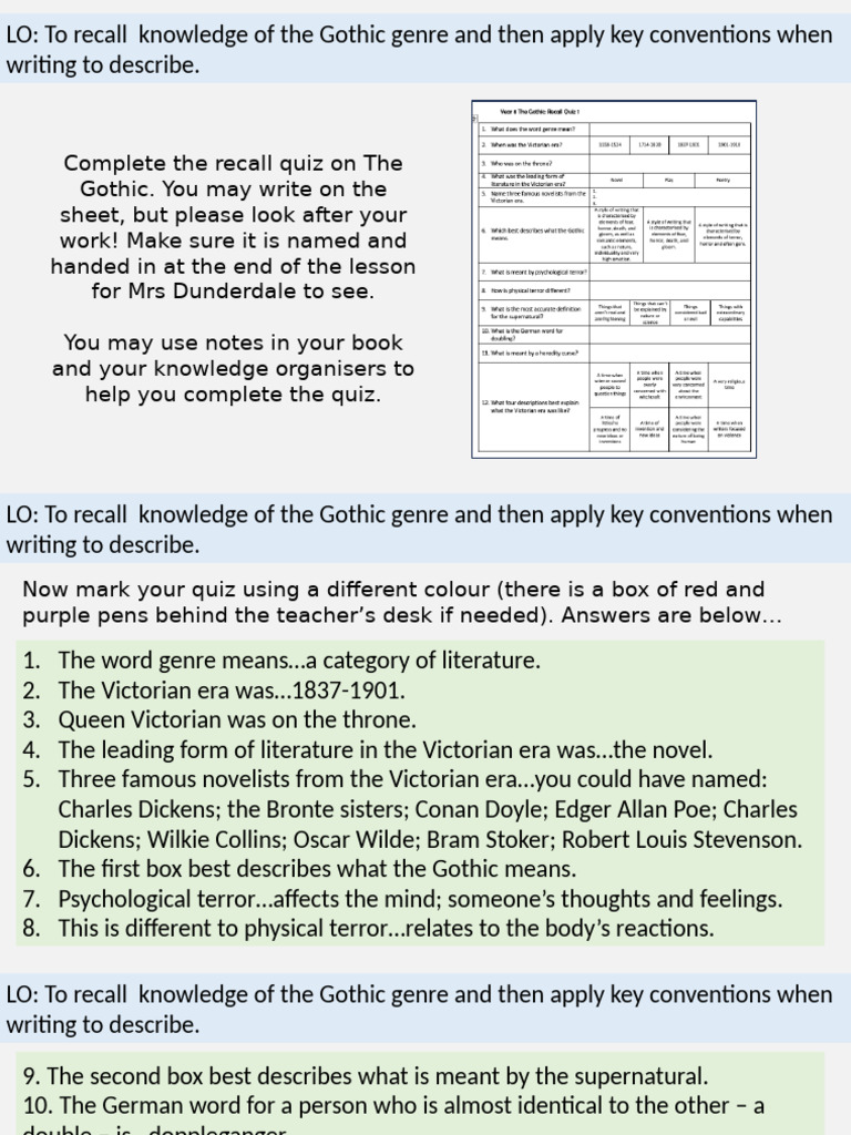 Yr8 The Gothic - Recall Quiz 1 | PDF