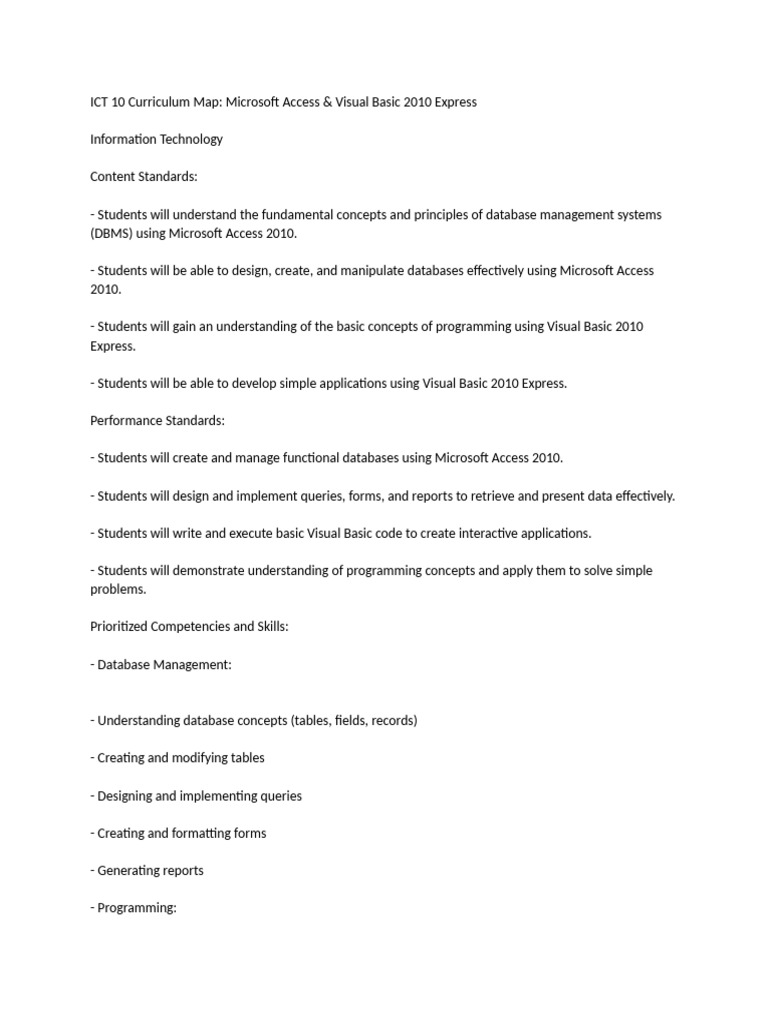 ICT Curriculum 10: Access & Visual Basic | PDF | Databases | Microsoft ...