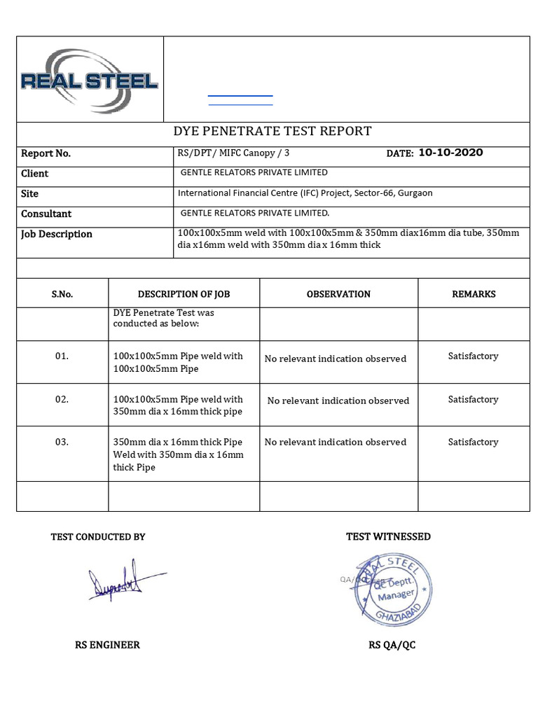 Dye Penetrate Test Report for IFC Project | PDF