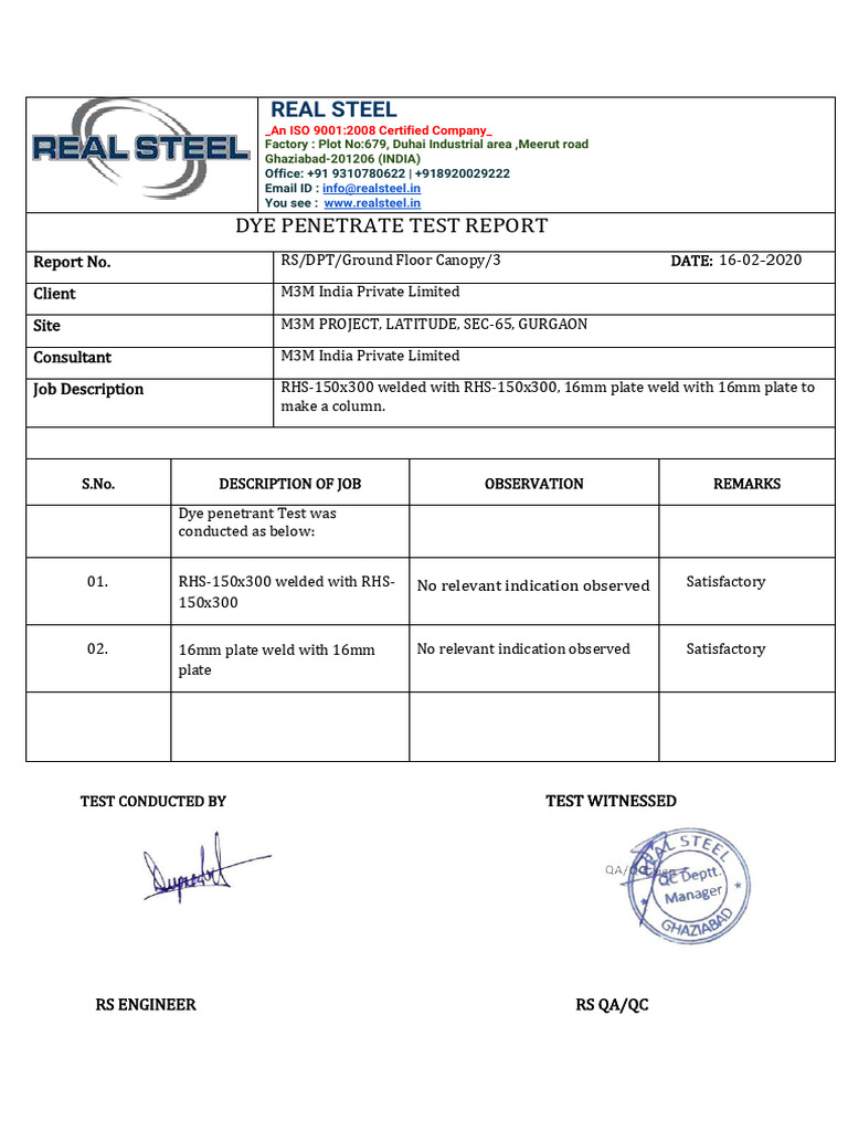 Dye Penetrant Test Report Summary | PDF