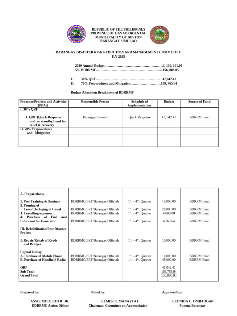 Bdrrmc Plan and Budget | PDF | Emergency Management | Risk Management
