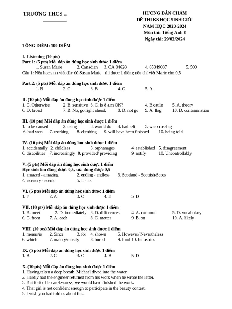 HDC KS HSG Anh 8 2023-2024 | PDF