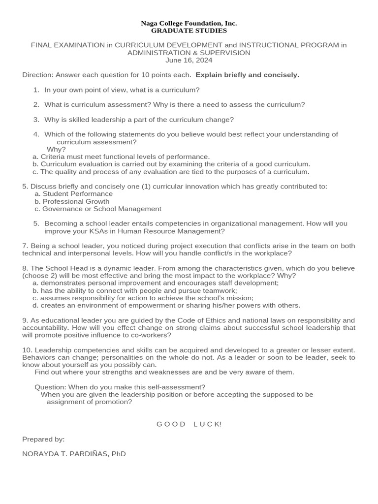Graduate Exam: Curriculum Development & Leadership | PDF | Leadership ...