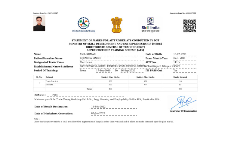 Apprenticeship Marksheet 2022 | PDF | Apprenticeship | Vocational Education