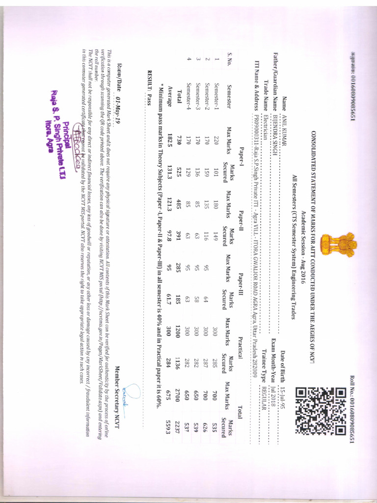 ITI Marksheet | PDF
