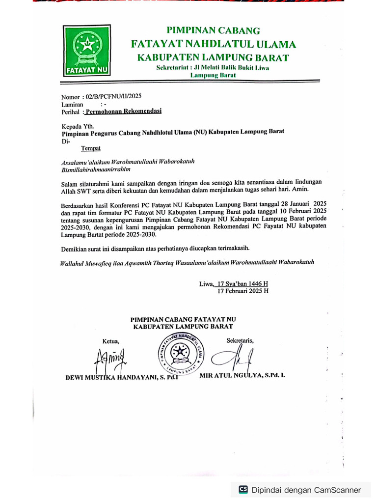 Surat Permohonan Rekomendasi Fatayat Nu Lampung Barat | PDF