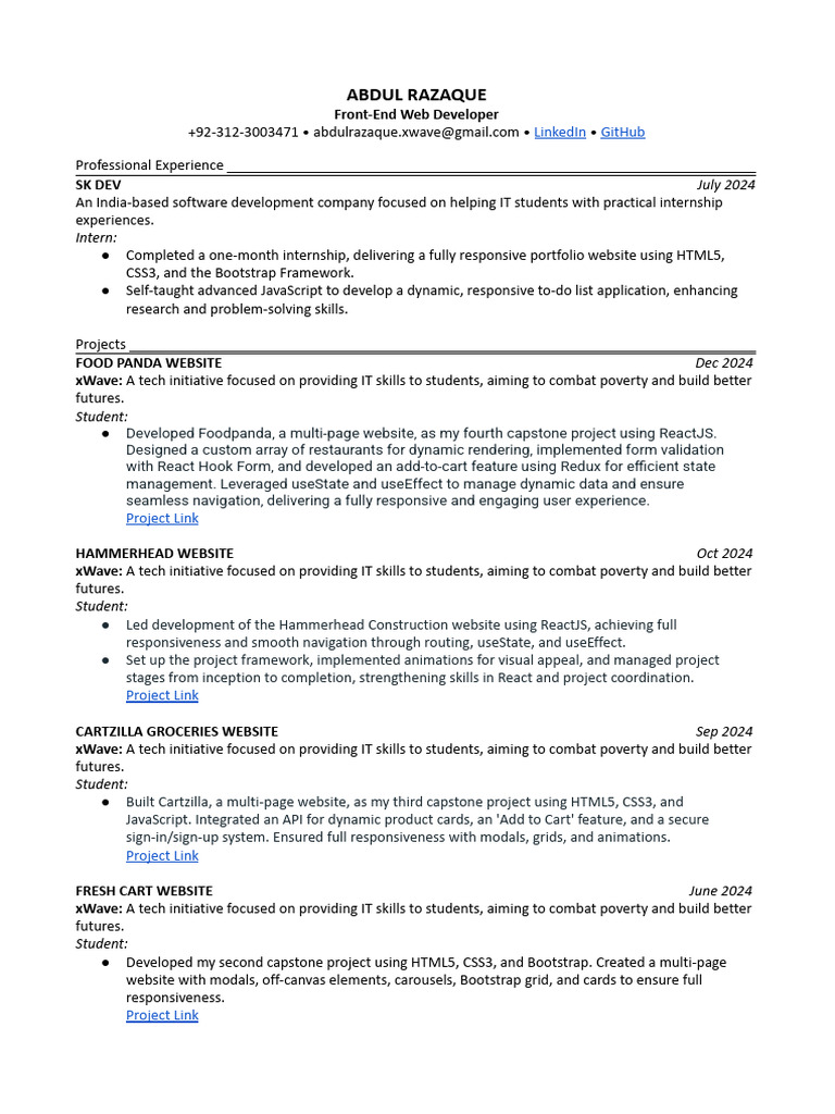 Abdul_Razaque_Resume | PDF | Html5 | Bootstrap (Front End Framework)