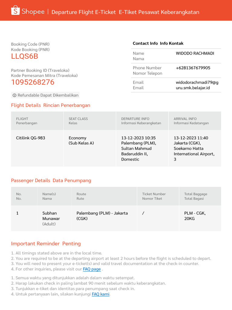 E-Tiket Penerbangan Citilink QG-983 | PDF