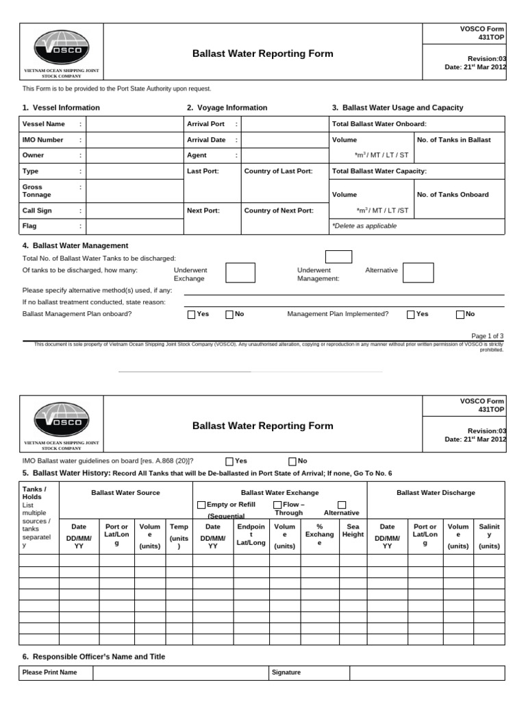 VOSCO Form-431TOP Ballast Water Reporting Form | PDF | Watercraft | Ships