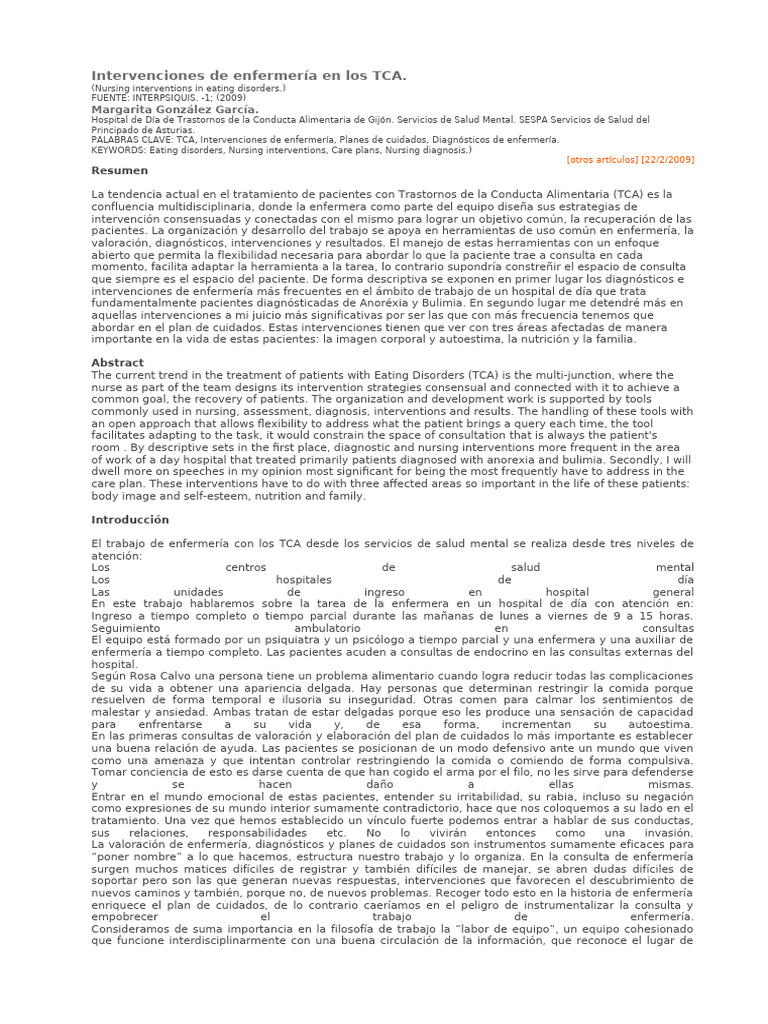 Intervenciones de Enfermería en Los TCA | PDF | Autoestima | Anorexia nerviosa