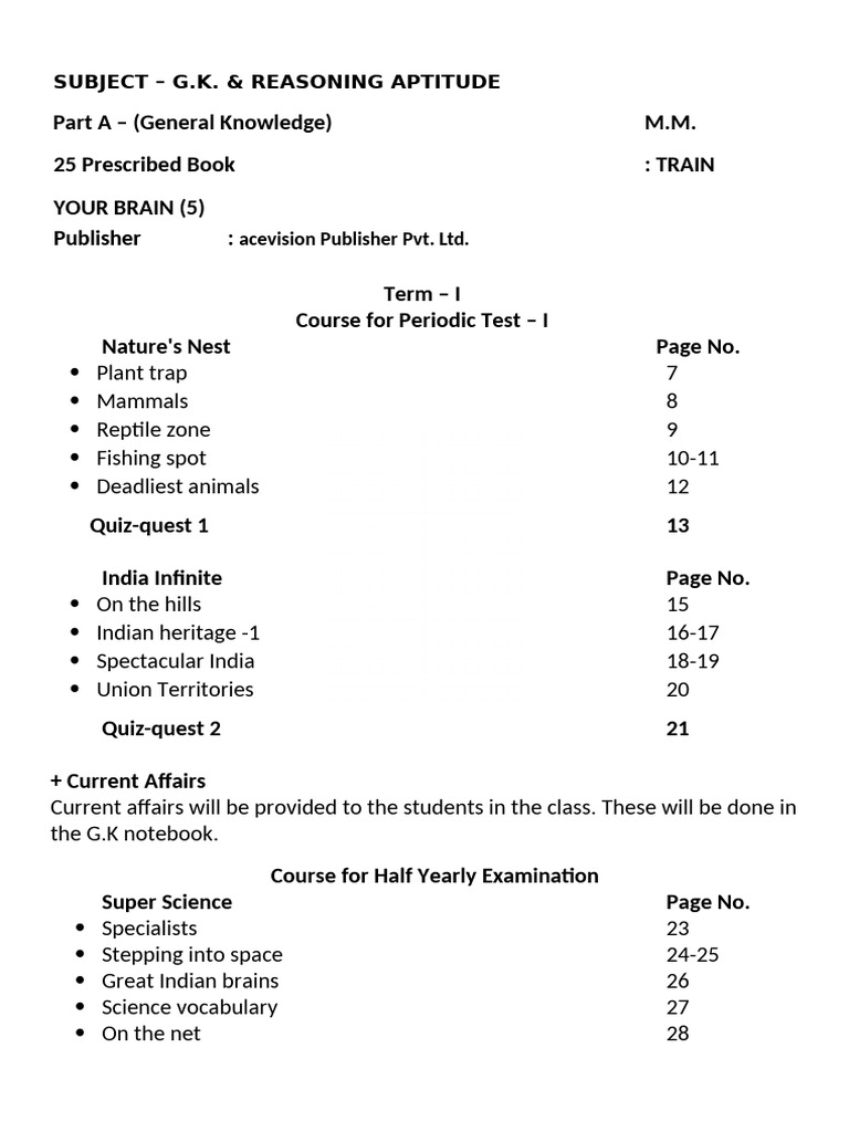 Class 5 GK Syllabus (2025-26) - 1 | PDF