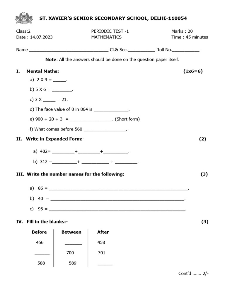 Grade 2 Maths Periodic Test Worksheet | PDF