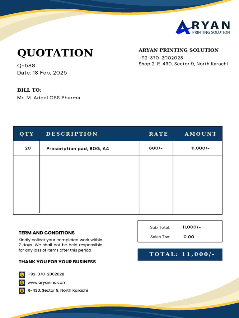 Prescription Pad Quotation - OBS Pharma | PDF