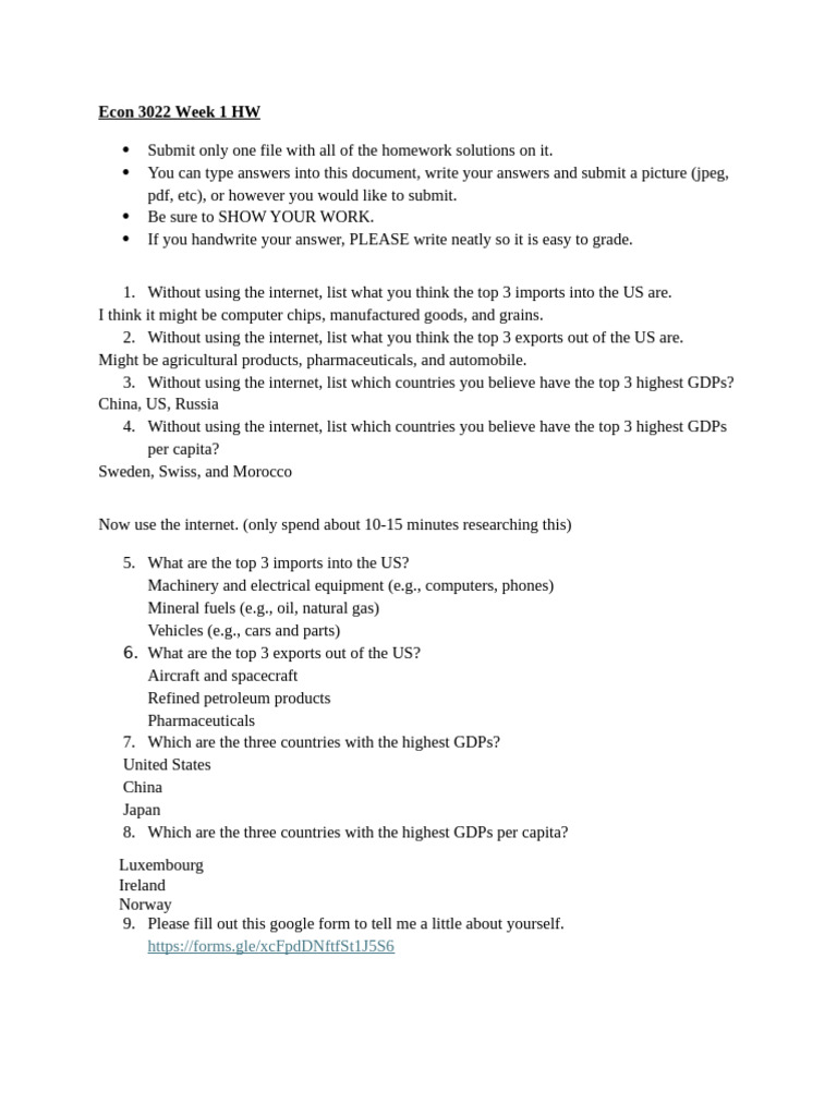 Econ 3022 Week 1 Intro HW | PDF