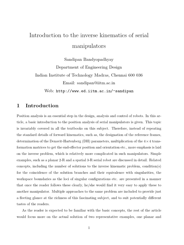 Introduction To The Inverse Kinematics of Serial Manipulators | PDF | Equations | Applied ...