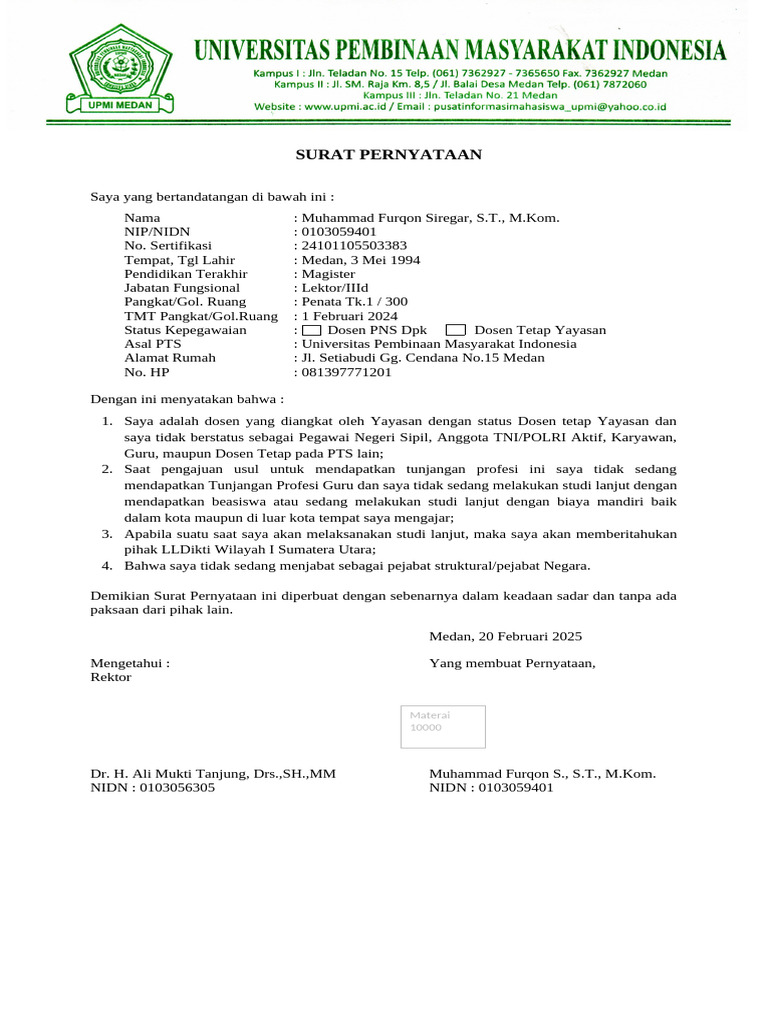 SURAT PERNYATAAN BKD 2024 GANJIL | PDF