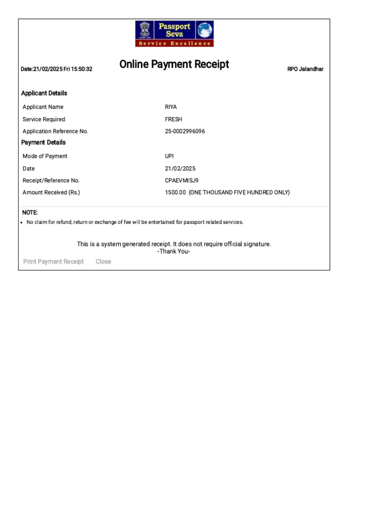 Riya Payment Receipt | PDF