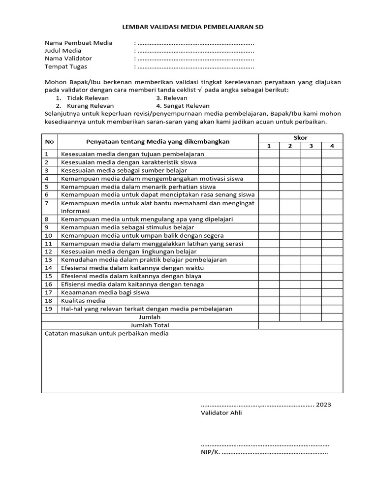 Lembar Validasi Media Pembelajaran SD | PDF