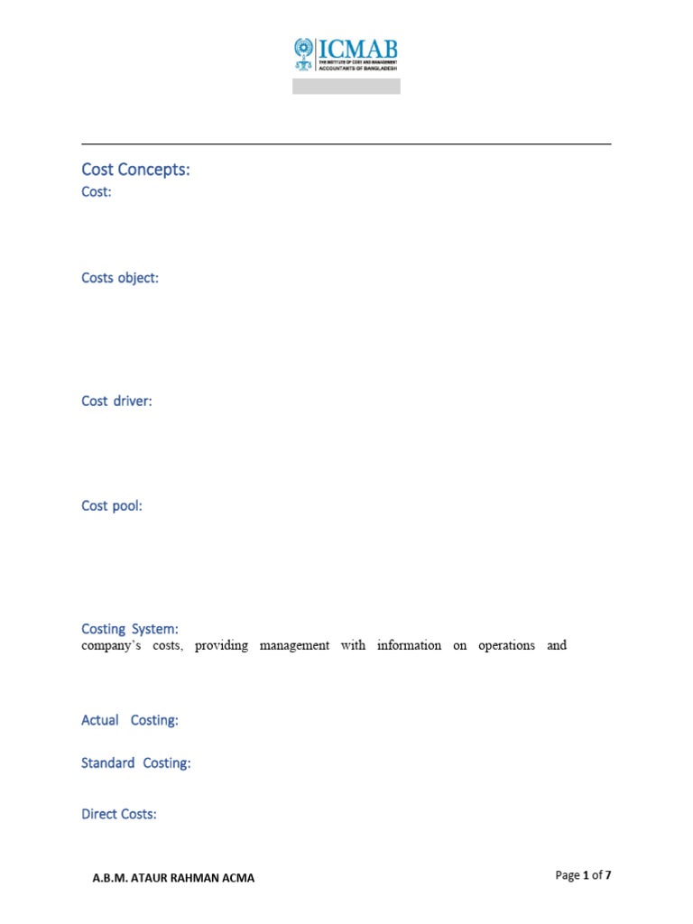 COA_Lecture Sheet # 02_BCAS 1_Cost Concepts & Clasifications.docx | PDF | Employment | Business