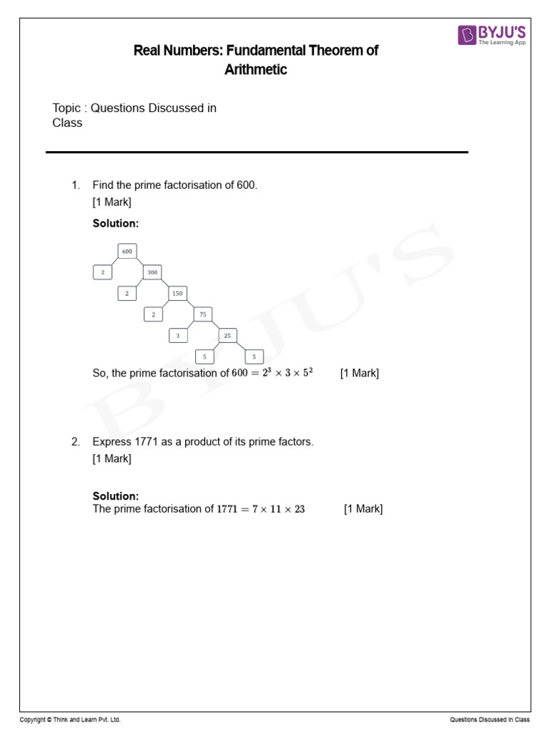 Real Numbers - Fundamental Theorem of Arithmetic - in Class | PDF | Factorization | Prime Number