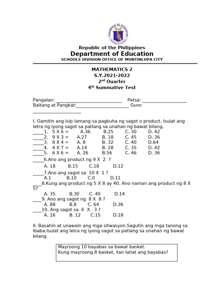Math 2 2nd Quarter Summative 4. | PDF