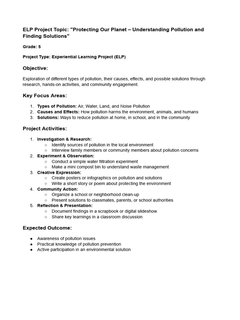 ELP Project Topic: "Protecting Our Planet - Understanding Pollution and ...