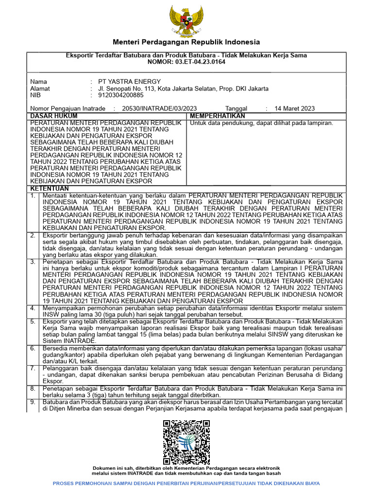 Izin Ekspor PT Yastra Energy 2023 | PDF