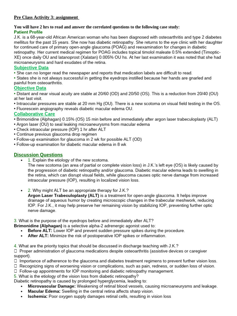 Pre Class Activity 3 Assignment | PDF | Glaucoma | Visual System