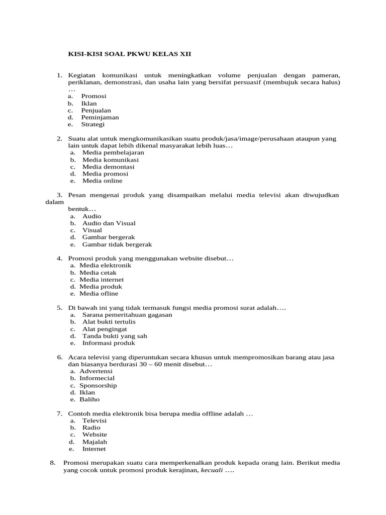 Kisi-Kisi Pkwu Kelas Xii | PDF