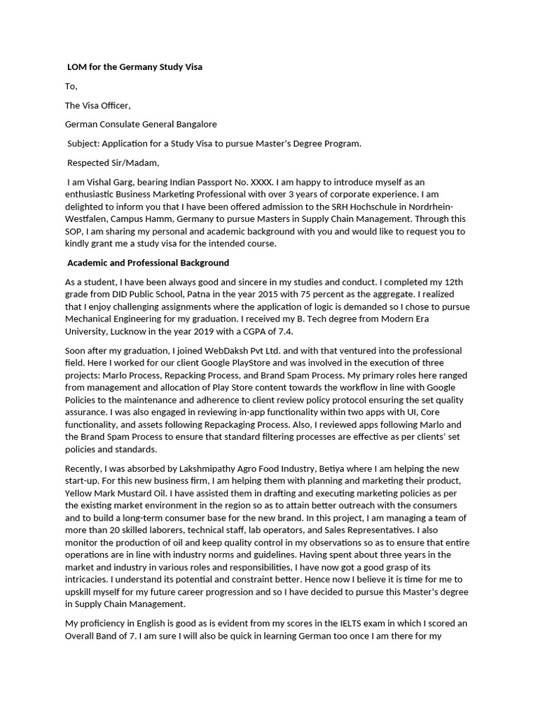 LOM For The Germany Study Visa | PDF | Business