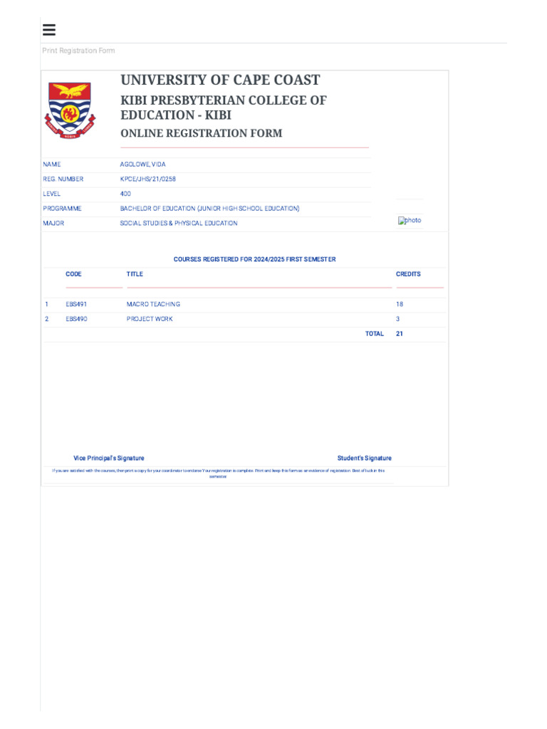 UCC Student Registration Form 2024/2025 | PDF
