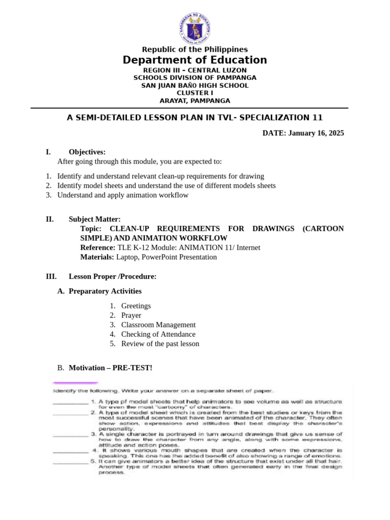 Animation 11-Week 5 - January 16,2025 | PDF | Lesson Plan | Behavior ...