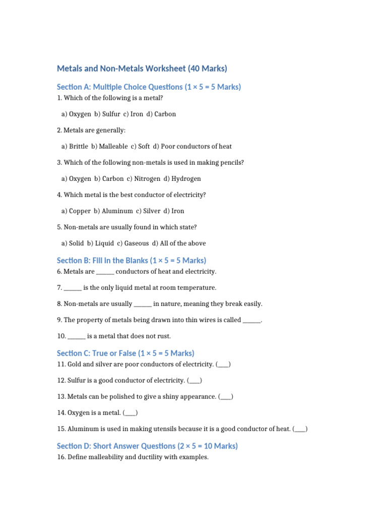 Metals & Non-Metals Worksheet | PDF