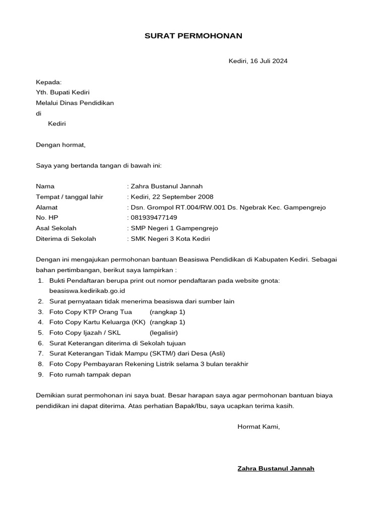 Surat Permohonan Bansos Zahra | PDF