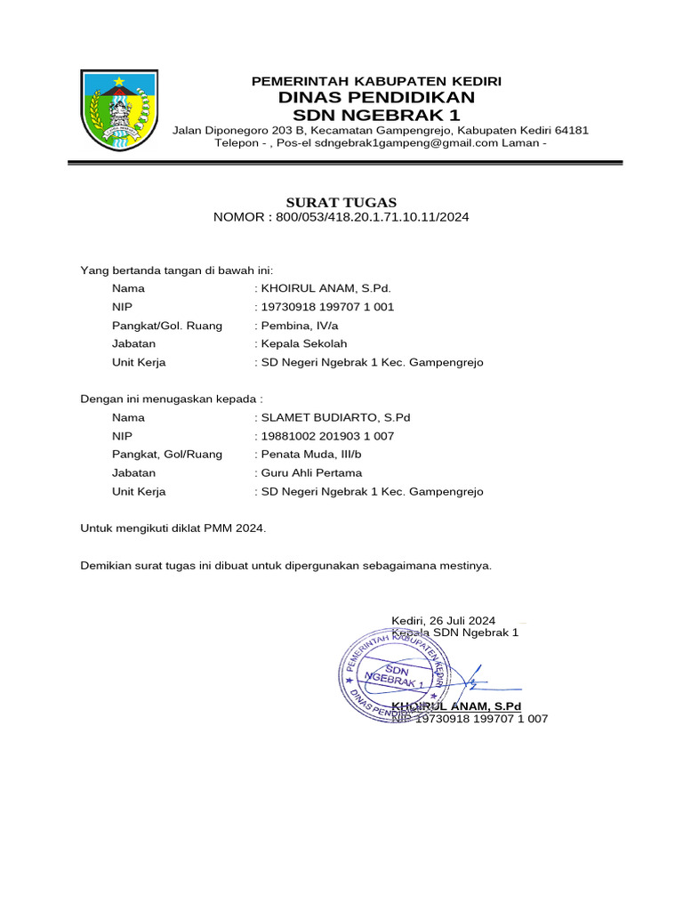 Surat Tugas Diklat PMM 2024 SDN Ngebrak 1 | PDF
