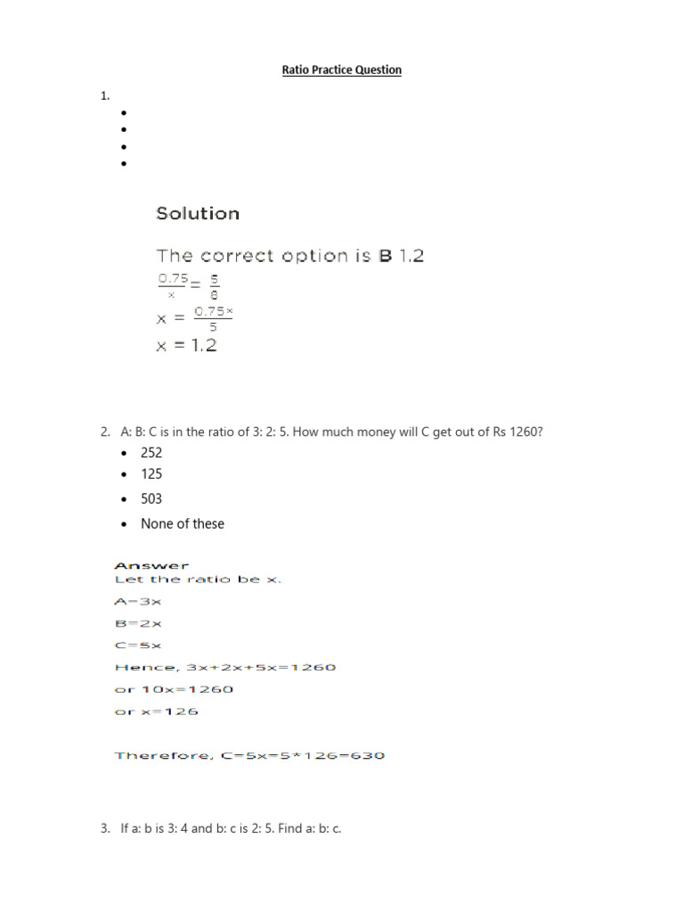 Ratio Practice Questions and Solutions | PDF